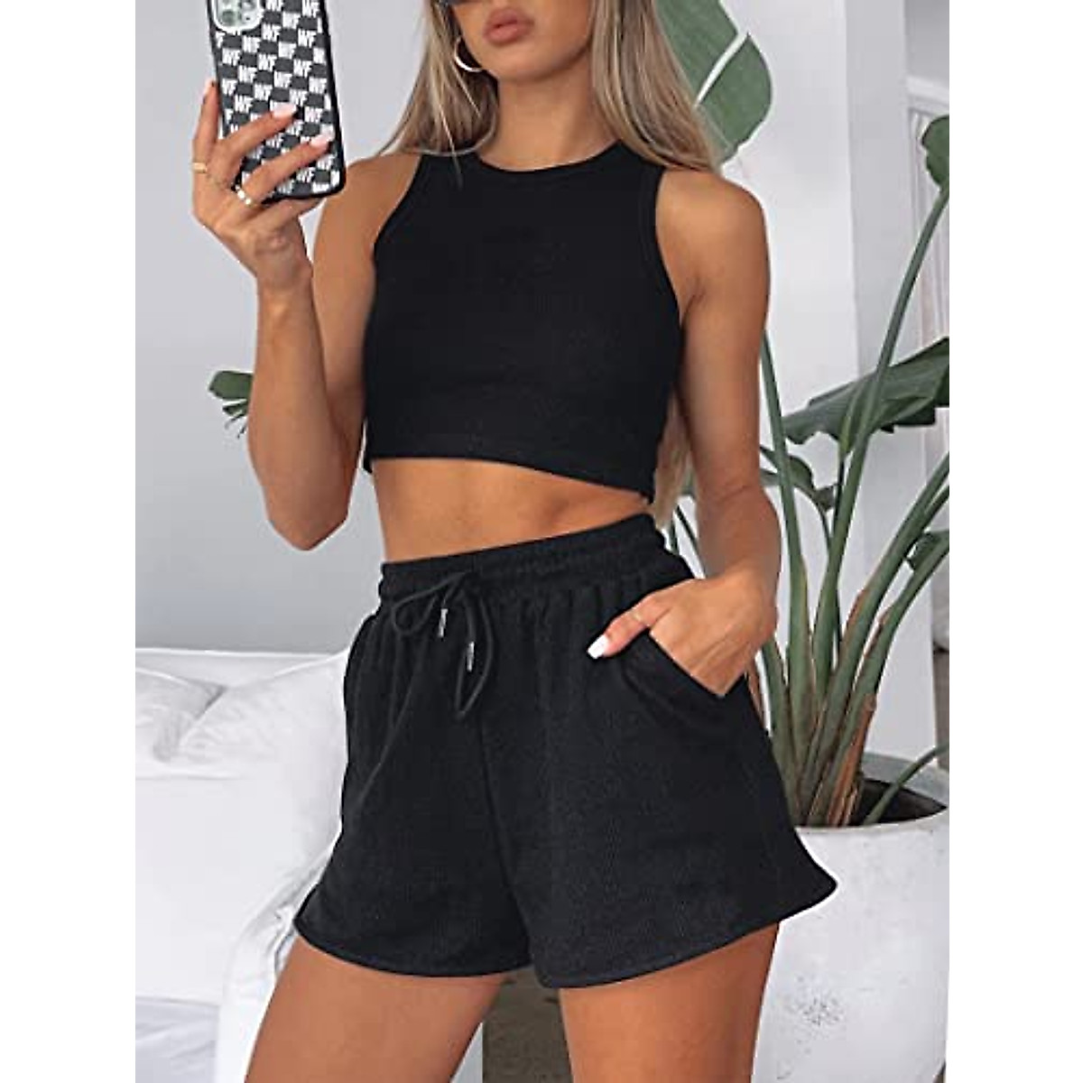 PEIARA 2 Piece Shorts Set for Women Outfits Vacation Linen Lounge Set Waffle Crop Top And Drawstring Shorts Set Tracksuits