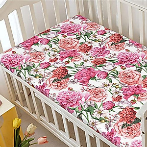 Roses Themed Fitted Mini Crib Sheets,Portable Mini Crib Sheets Toddler Bed Mattress Sheets-Baby Crib Sheets for Girl or Boy,24“ x38“,Multicolor