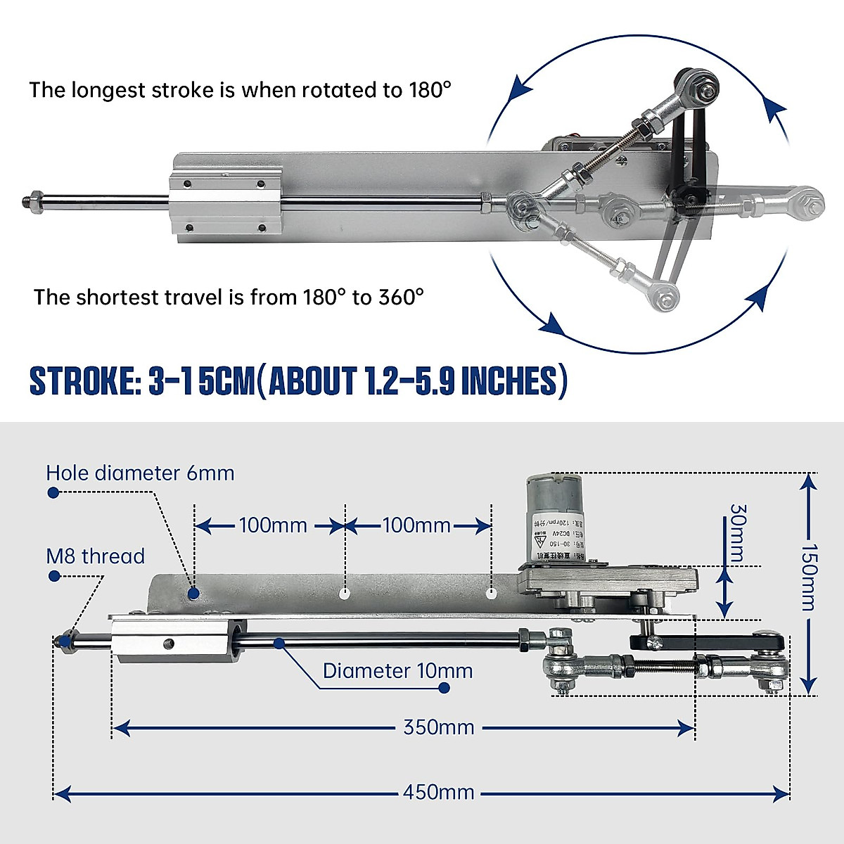 CNCTOPBAOS Reciprocating Linear Actuator Stroke 6 Inch 1.18"-6",Adjustable Telescopic Rocker Arm Mechanism Gear Motor DC24V Speed Regulation Adapter 120RPM 3-15CM