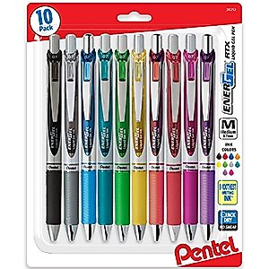Pentel EnerGel 0.7 MM RTX Retractable Liquid Gel Pen, 10 Pack of New Assorted ink Colors, Metal Tip, Medium Line, Quick Dry No Smear