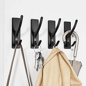 Self Adhesive Coat Hooks for Hanging: Heavy Duty Stainless Wall Hook for Towel, Backpack, Hat, Sturdy Metal Hanger for Bathroom, Bedroom, Door, 4-Pack, Matt Black