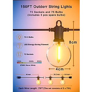 Zuske 150FT LED Outdoor String Lights, G40 Globe Patio Lights and Commercial Grade Weatherproof Strand String, Hanging String Lighting for Gazebo Bistro Backyard Garden(2x75FT)