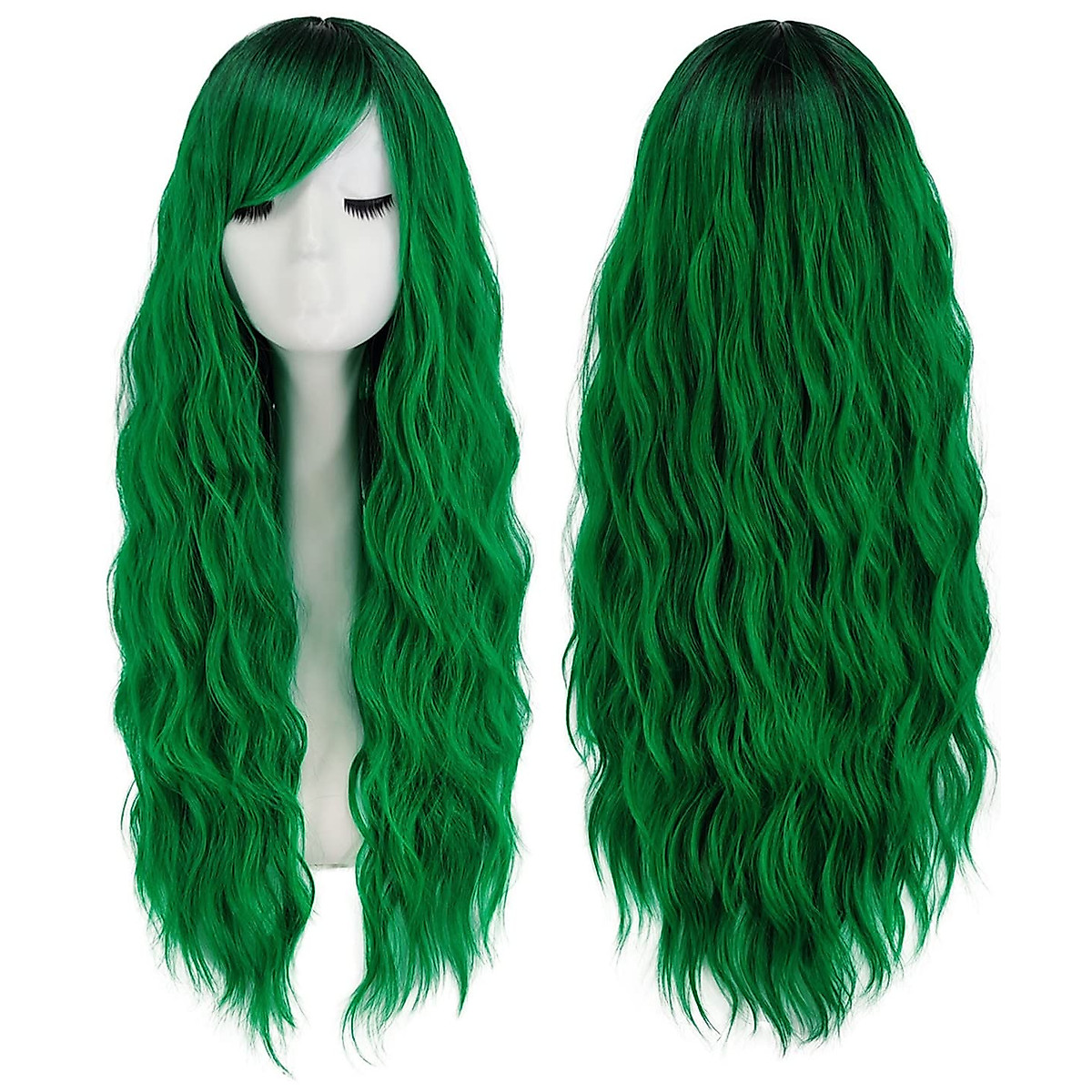 Mildiso Green Wigs for Women 26" Long Ombre Green Hair Wig with Bangs Curly Wavy Natural Cute Synthetic Soft Wigs for Party M062MGR