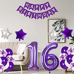 Sweet 16 Birthday Decorations, Purple 16th Birthday Party Decorations for Girls Boys Teenager, HAPPY BIRTHDAY Banner Bolloons Silver Number 16 Balloons for Him & Her 16 Years Old Birthday Party