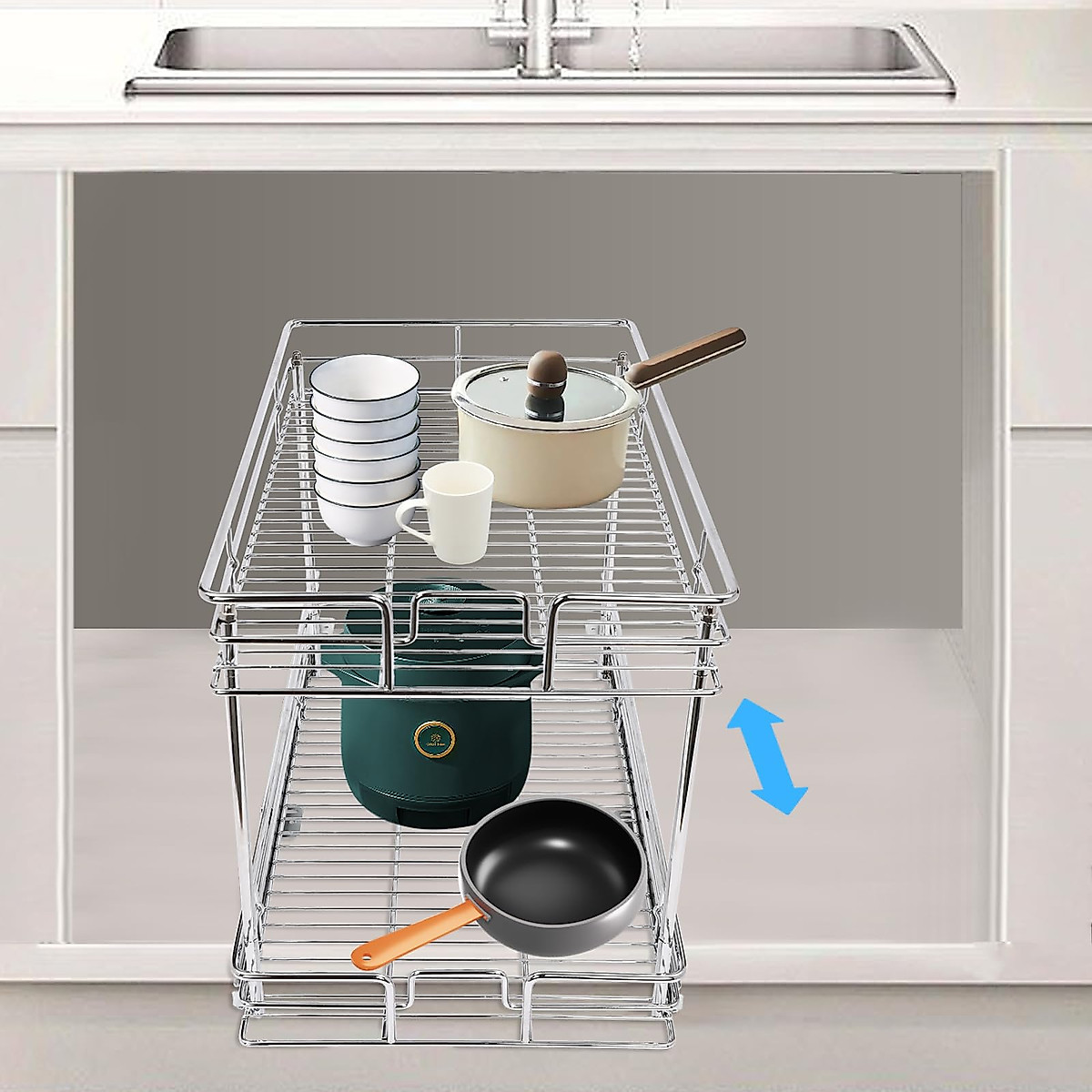 PIOJNYEN Pull Out Cabinet Organizer, 2-Tier Cabinet Pull Out Shelves, Kitchen Cabinet Organizer for Storing Kitchen Utensils Such As Dinner Plates, Bowls, Spices, Baking Supplies, Dishes, Cups,