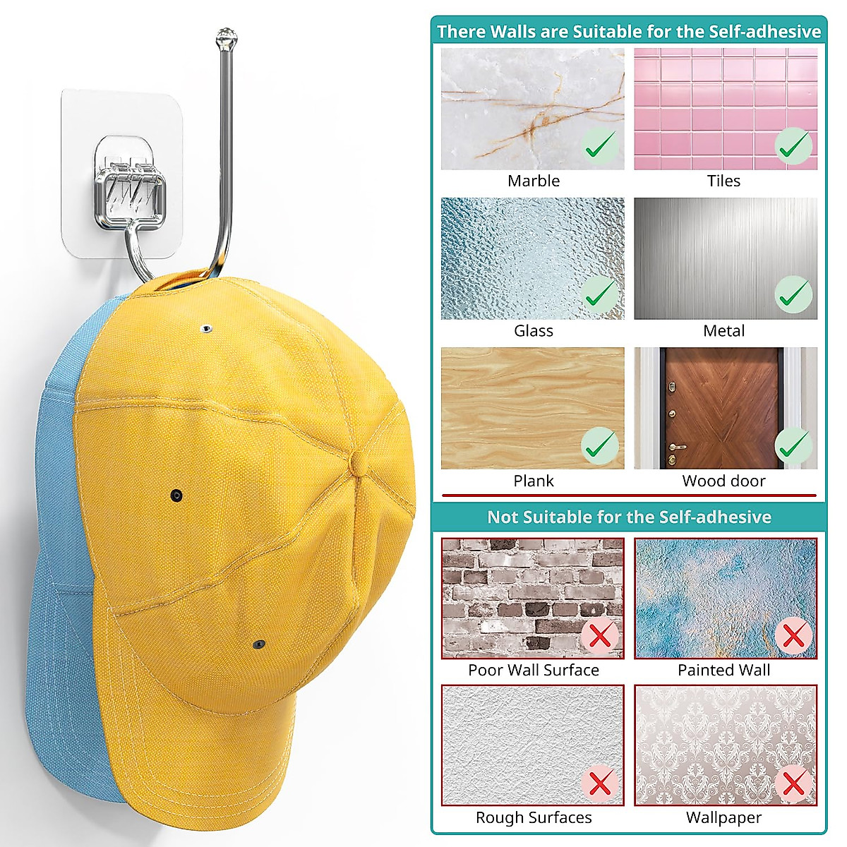6 Pack Hat Racks for Baseball Caps Wall, Stainless Steel Hat Organizer for Baseball Caps, Hat Storage for Baseball Caps, Hat Hooks Hat Hanger Strong Adhesive/Wall Drilled for Door, Bedroom, Closet