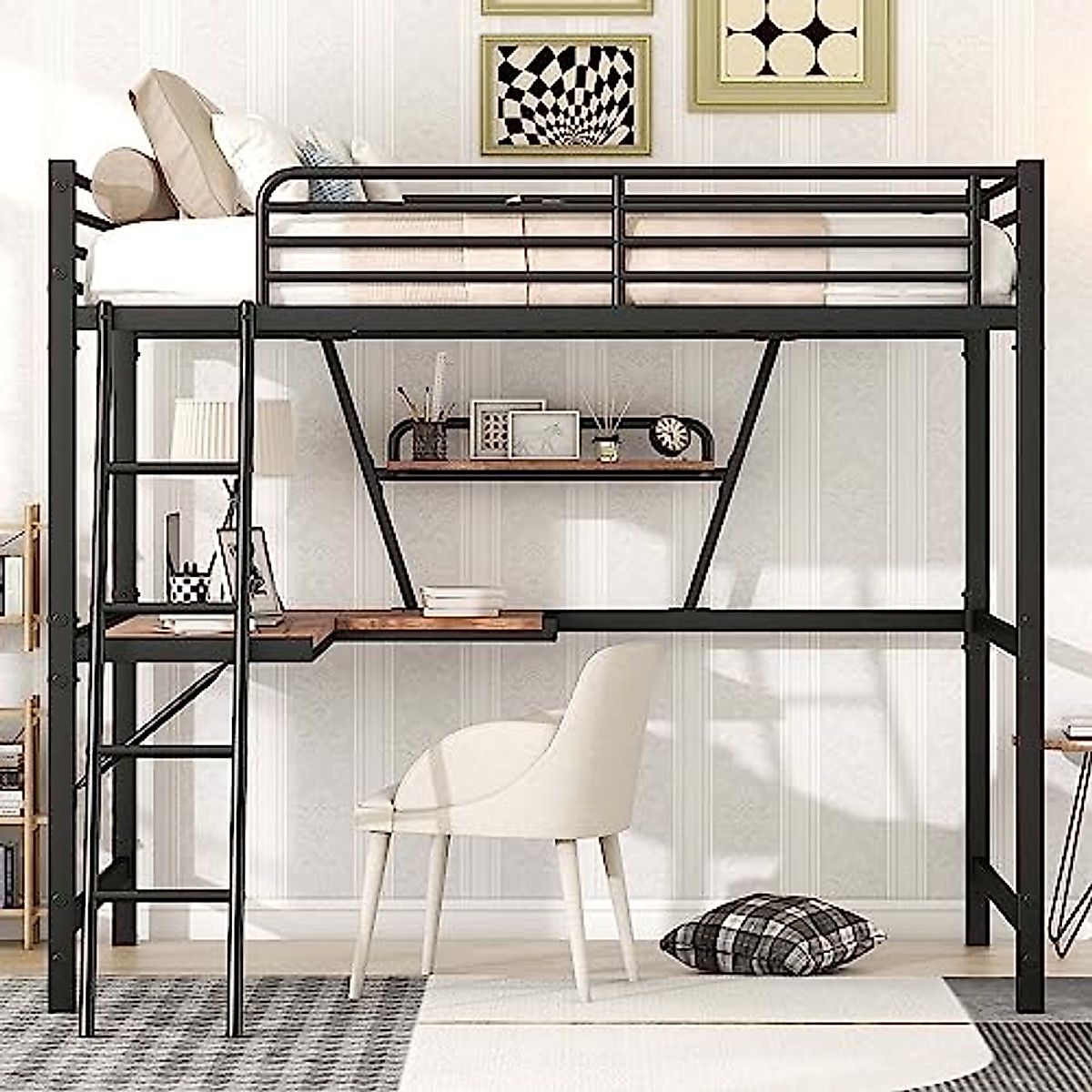 Full Size Metal Loft Bed with MDF Desk and Storage Shelf, Multifunctional Loft Bed with Ladder and Guard Rail, Space Saving, No Box Spring Needed for Boys Girls Teens Adults (Black, Full)