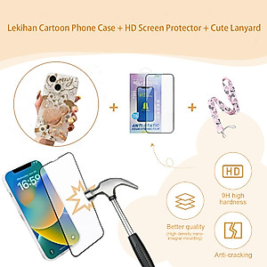 Lekihan Cartoon Case for iPhone 14 6.1 with HD Screen Protector and Lanyard and Bling Sparkle Phone Stand Cute Phone Case for Girls Women (for iPhone 14)