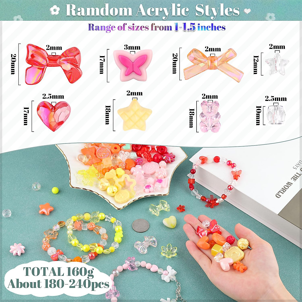 180-240PCS Assorted Acrylic Beads For Bracelet Making, Flower Bow Butterfly Candy Star Heart GummyBear Kawaii Aesthetic Bracelet Charms,Cute Beads For Jewelry Making DIY Necklace Keychain Phone Charms
