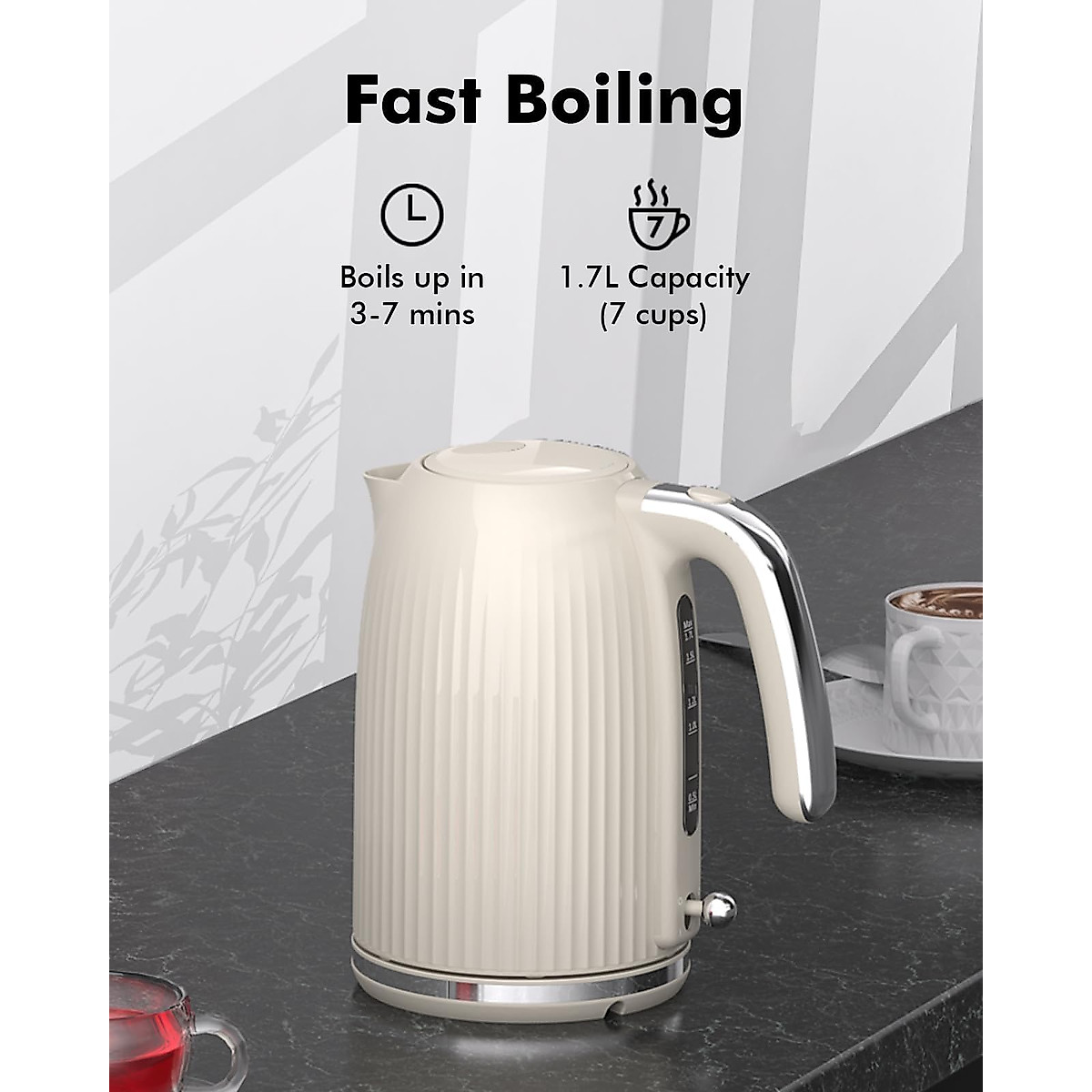 LONGDEEM 1.7L Electric Kettle-Quick Boil, 1500W, Non-BPA, Safety Auto Shut-Off, Boil-Dry Protection, Easy Clean with Wide Opening, Heat-Resistant Handle, 360°Swivel Base, Cream