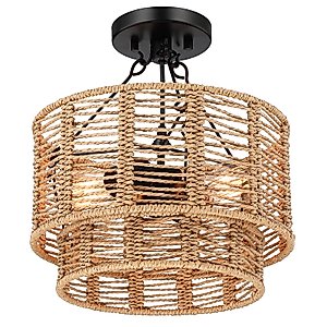 Hermasgi 12.6'' Farmhouse Rattan Semi Flush Mount Ceiling Light,Boho Light Fixtures with 2-Tier Drum Hand-Woven Natural Rattan Shade,Rattan Ceiling Lamp for Hallway Bedroom Entryway Living Room
