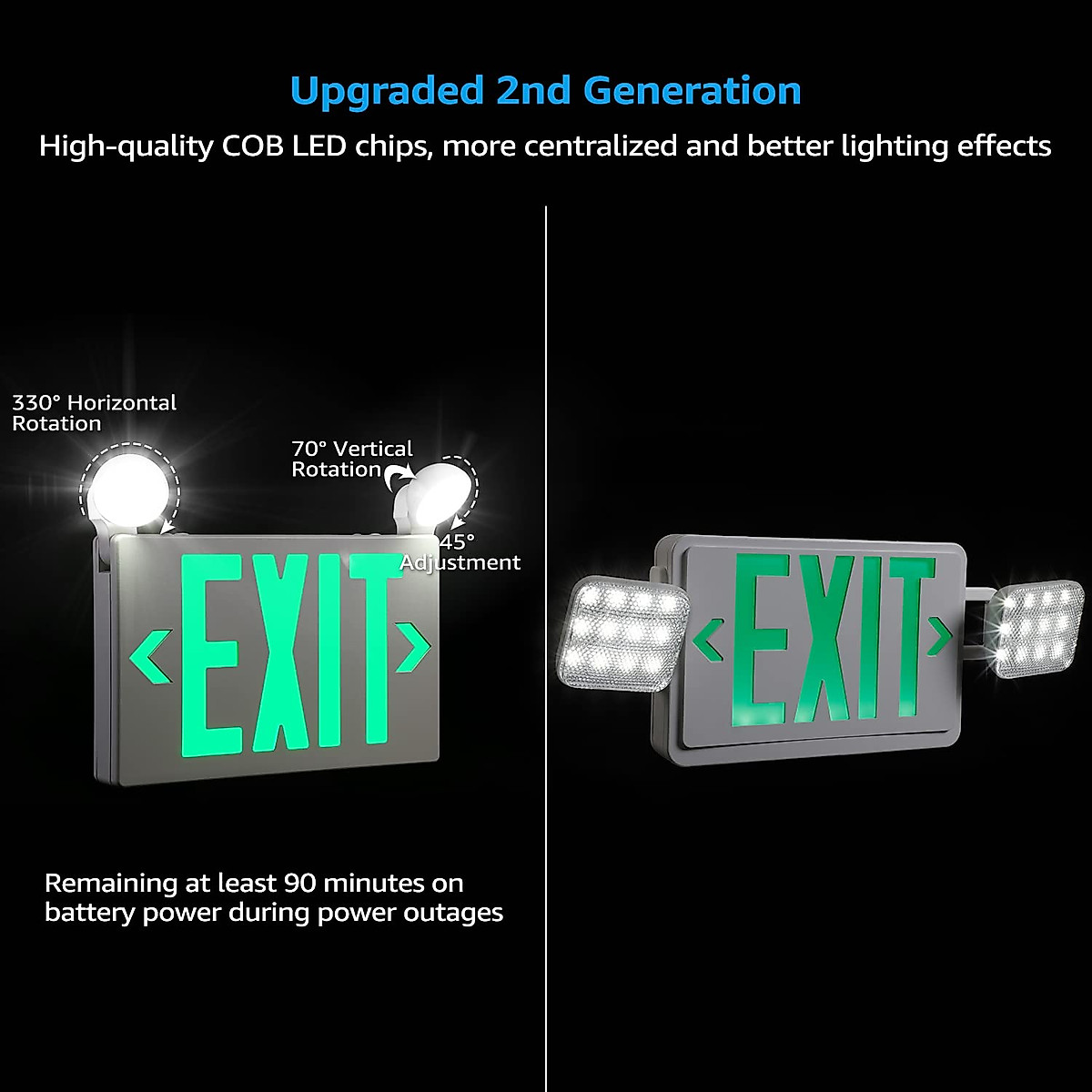 TORCHSTAR Green LED Exit Sign with Emergency Lights, UL 924, Emergency Exit Light with Battery Backup, Adjustable Heads, Fire Exit Sign with Lights, Double Face, AC 120/277V, Damp Location, Pack of 2
