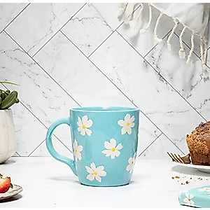 Eccolo Daisies Ceramic Coffee Mug, White and Blue Floral Handpainted Stoneware Tea Cup with Handles is Microwave, Dishwasher Safe, Medium Size Hot Drinking Cup - 16 Oz 473 ML