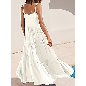 ANRABESS Women’s Summer Casual Loose Sleeveless Spaghetti Strap Tiered Asymmetric Beach Maxi Long Dress 523bai-S White