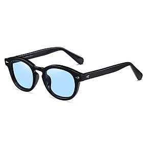 Vintage Johnny Depp Round Sunglasses Tony stark Glasses Tint Lens Nerd Colorful Eyewear See Through Film (L(148mm/5.82in), Blue Lens)