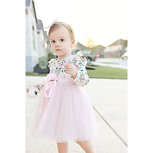 Flofallzique Toddler Tulle Dress Long Sleeves Vintage Floral Little Girls Tea Party Dresses (Peach, 1 Year)
