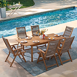 OC Orange-Casual Folding Patio Dining Chair Set of 4, Outdoor Acacia Wooden Rope Reclining Chair w/Armrest, FSC Certified Wood, for Porch, Backyard, Garden, Indoor, Beige