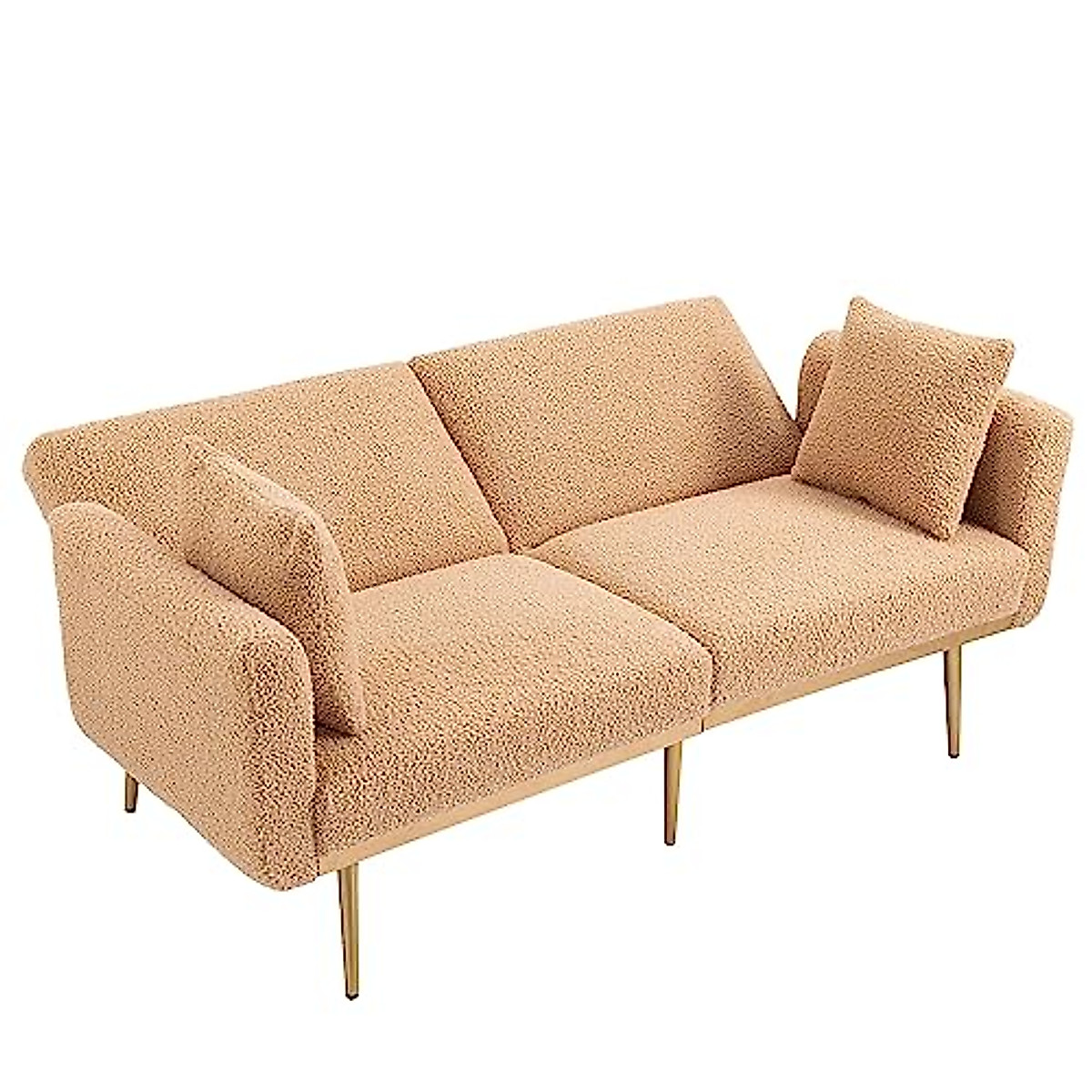 Eafurn Sherpa Teddy Futon Sofa Bed, Modern Boucle Upholstered Comfy Loveseat Couch Sleeper Sofabed with Golden Metal Legs and Throw Pillows, Small Folding Sofa&Couch for Home Office, Camel 65.35"