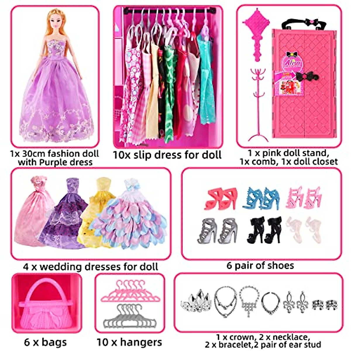 UCanaan 11.5 Inch Girl Doll and Closet Set with Clothes and Accessories-Lot 51 Items Including Fashion Dolls,Wardrobe, Trunk, Casual Wear, Dress, Swimsuits, Hangers, Shoes, Bags and Necklaces