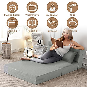 FILUXE Convertible Folding Sofa Bed - Sleeper Chair with Pillow, Modern Linen Fabric Floor & Futon Couch, Foldable Mattress for Living Room/Dorm/Guest/Home Office/Apartment, Standard Size, Light Gray