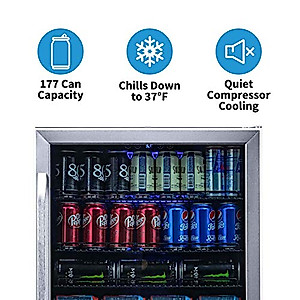 NewAir | 177 Can Beverage Cooler With Glass Door | Reversible Insulated Hinge Door Mini Fridge, Adjustable Shelves, Key Lock, Stainless Steel | Built-in, Freestanding, Under Counter Refrigerator