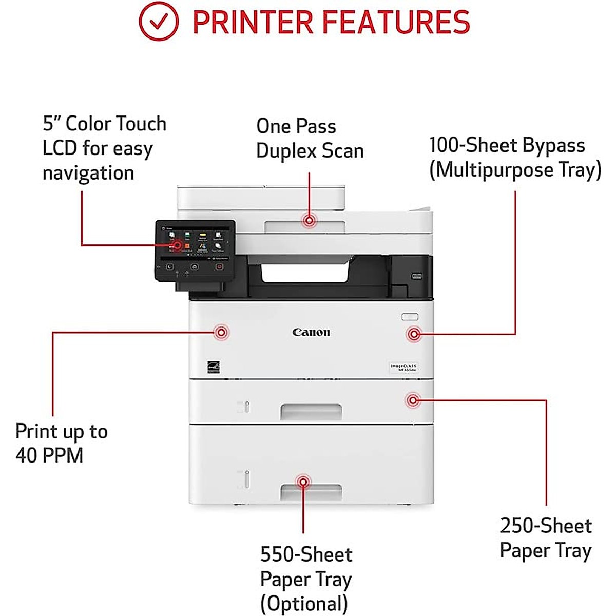 Canon imageCLASS MF453dw All-in-One Wireless Monochrome Laser Printer | Print, Copy, & Scan| | 5" Color Touch LCD | One Pass Duplex Scan