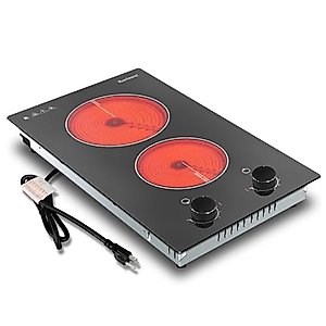 Karinear 110V Electric Cooktop 2 Burners Electric Stove 12 Inch Knob Control Countertop & Built-in Ceramic Cooktop, 9 Heating Level, Hot Warning, Over-Temperature Protection(Black Knob)