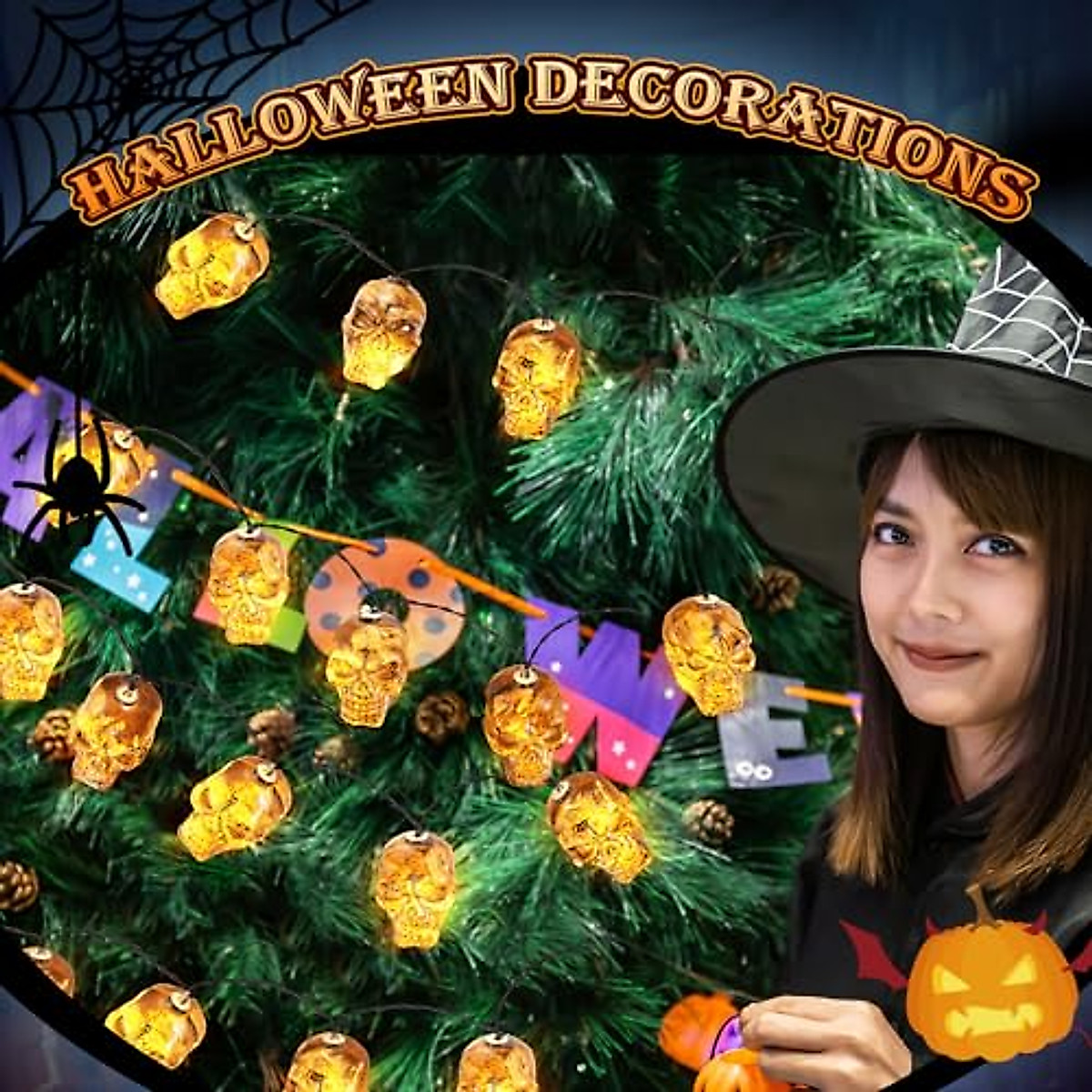 Woanger 24 Pack Halloween LED Lantern Necklace Bulk, 39 Inch Light Up Halloween Lantern Necklace, Halloween Party Favors Supplies, Halloween Accessories for Kids Adults(Skull)