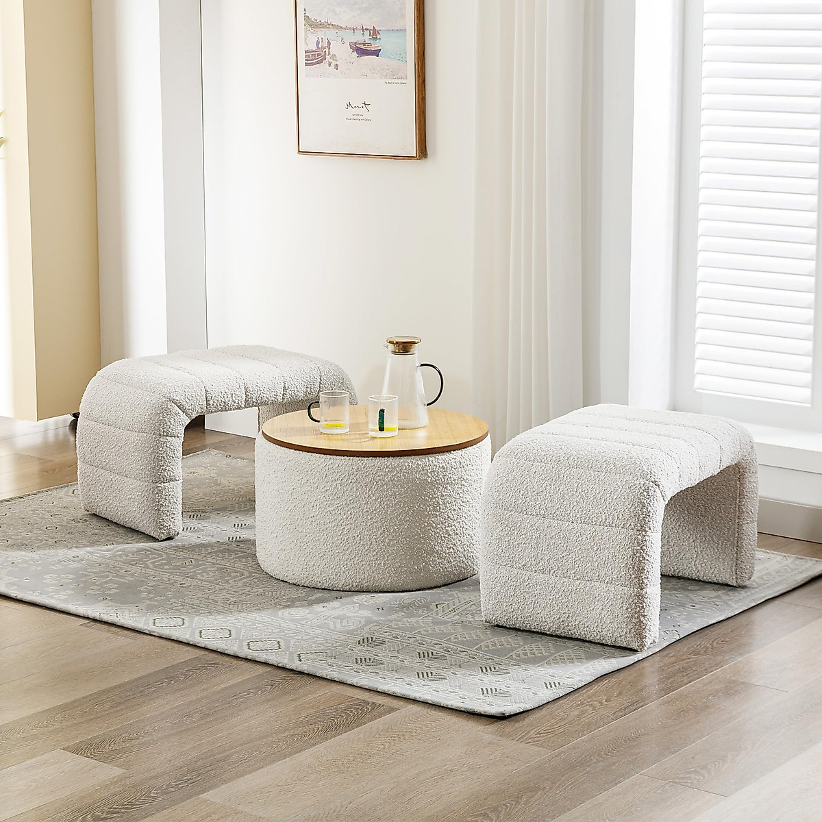 ONEVOG Large Ottoman Round Storage Ottoman with Wooden Lid, Living Room Round End Table No Assembly Required, Durable Boucle Fabric, Multipurpose End Table Support 300lbs