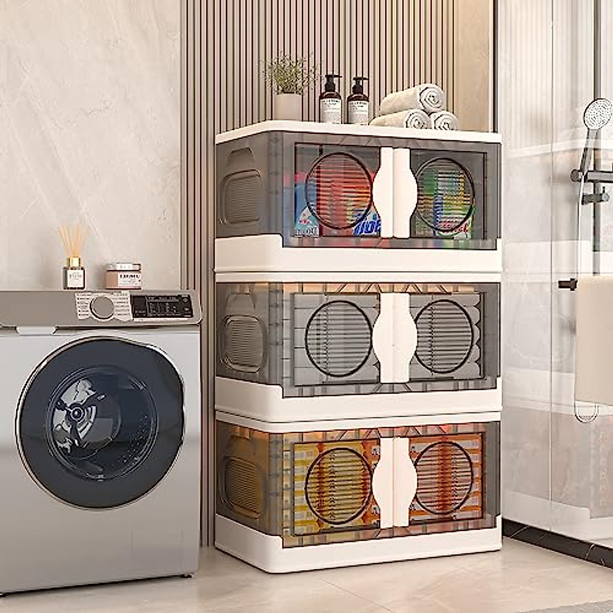 SDADI 19.2 Gal Plastic Foldable Storage Cabinet, Collapsible Storage Bins with Door, Stackable Cube Storage Organizer, Plastic Storage Cart£¬Closet Organizers and Storage (5-pack, Gray)