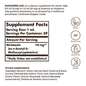 SOLGAR Liquid Melatonin 10 mg, Natural Black Cherry Flavor - 2 fl oz - Helps Normal Circadian Rhythm - Great for Jet Lag - Vegan, Gluten & Dairy Free, Kosher - 59 Servings
