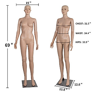 Female Mannequin Torso Dress Form Mannequin Body 69 Inches Adjustable Mannequin Dress Model Full Body Plastic Detachable Mannequin Stand Realistic Display Mannequin Head Metal Base (69 Inches-A)