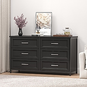 IKENO 6 Drawer Double Dresser for Bedroom, Wood Dressers & Chest of Drawers for Living Room, Entryway, Storage Closet Dressers with Wide Drawers & Metal Handle, Black