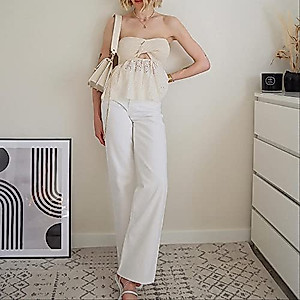 MISSACTIVER Women Twist Knot Knit Bandeau Tube Top Embroidery Strapless Off Shoulder Backless Hollow Crop Tank Corset Top Apricot