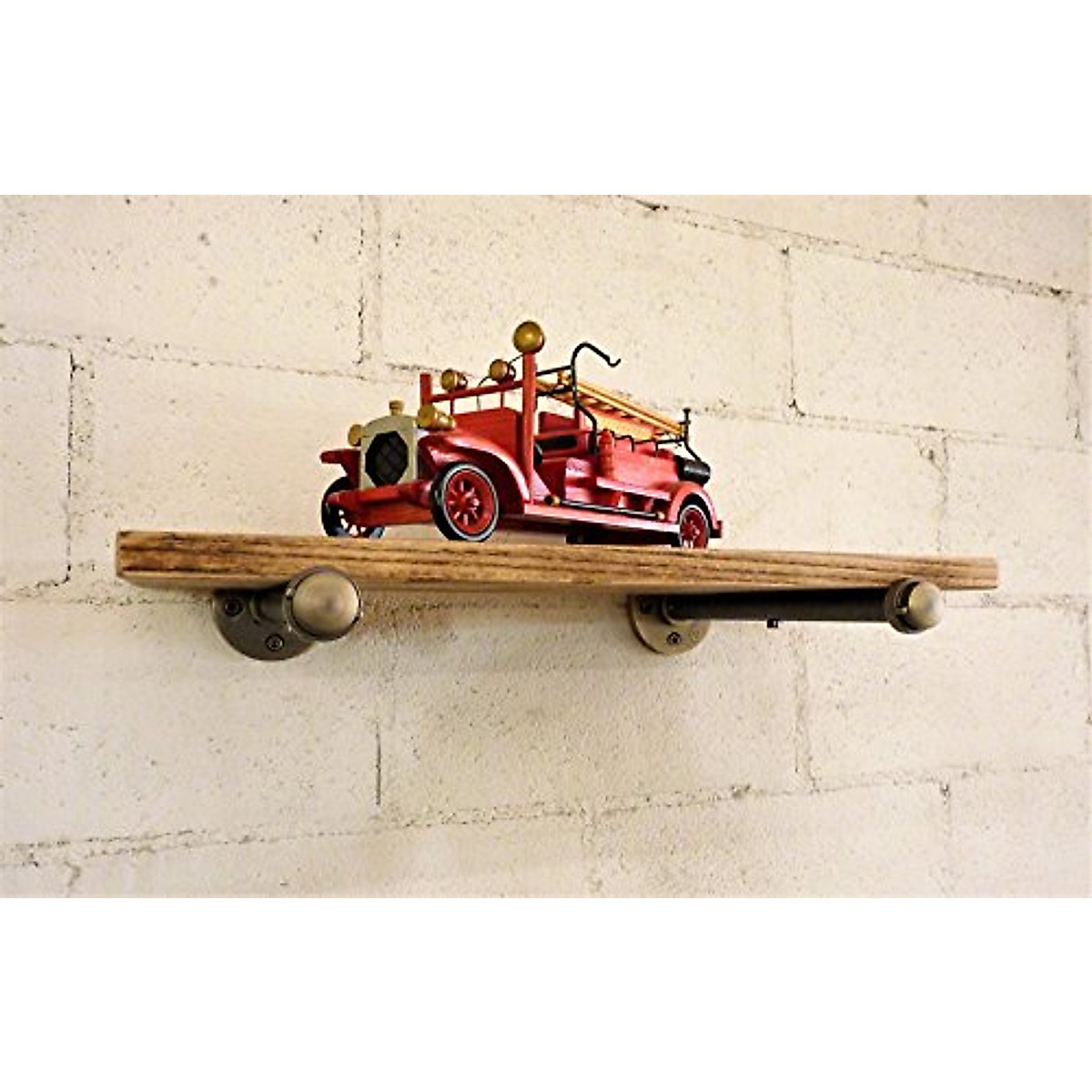 Furniture Pipeline Rustic Decorative Wall Mounted Single Shelf Metal with Reclaimed Aged Wood Finish, Grey Steel Pipe and Brass Fitting with Natural Stained Wood, 24" W