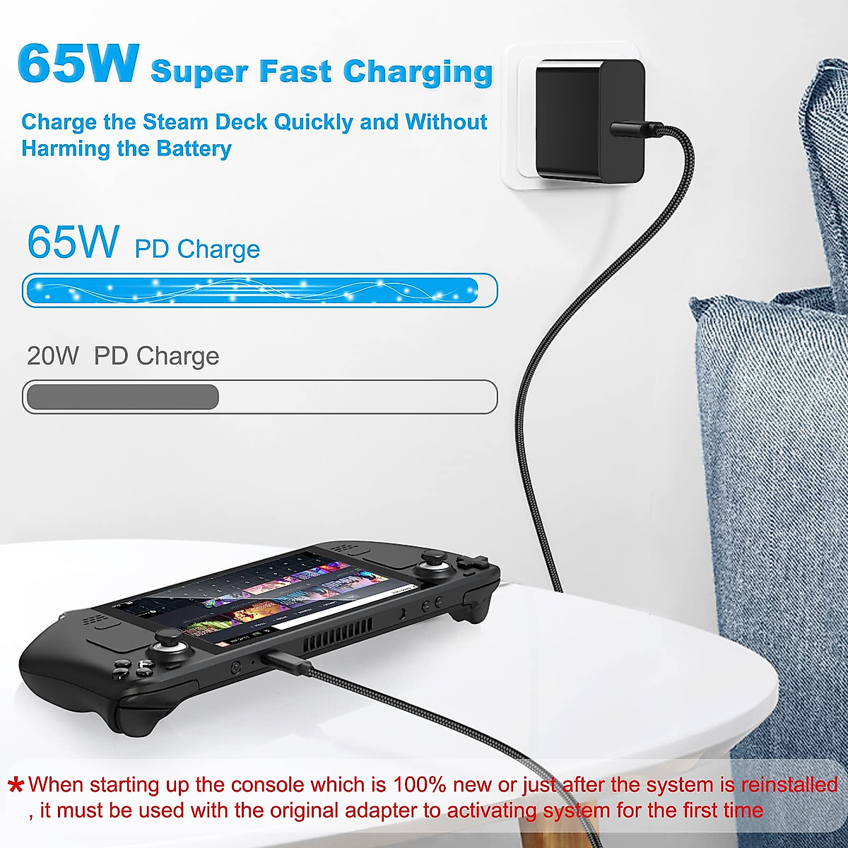 USB C Charger for Steam Deck, 65W 45W Fast PD Foldable Power Adapter for Stream Deck with 6.6FT Type C Charging Cable, Travel Charger Compatible with Nintendo Switch/Xbox /PS5 /Tablet/Laptop/Phone