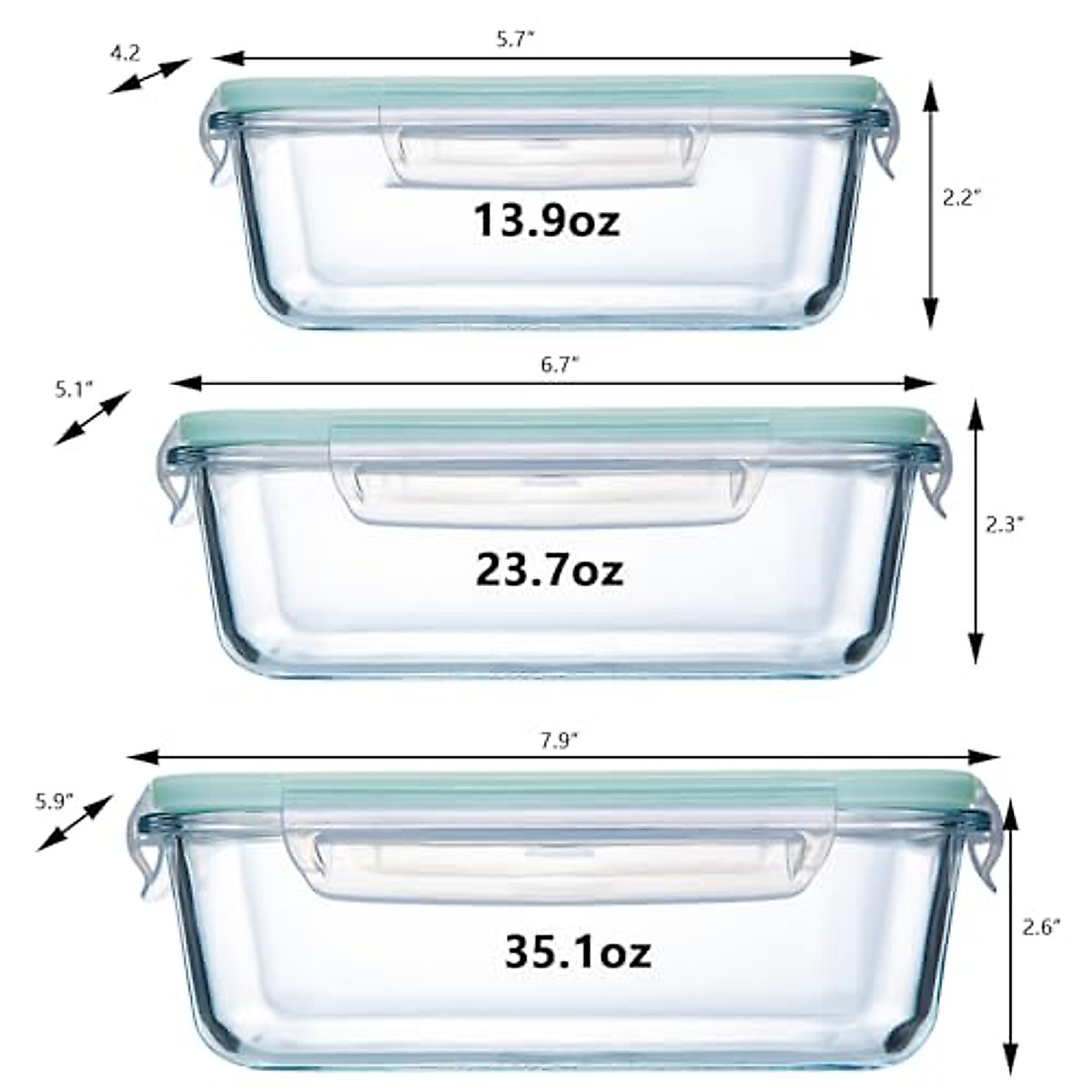 GRZJOPP 3Sets Glass Food Storage Containers with Lids Leakproof Glass Airtight Meal Prep Containers for Kitchen, Microwave, Oven, Frenzer and Dishwasher Safe,Rectangle