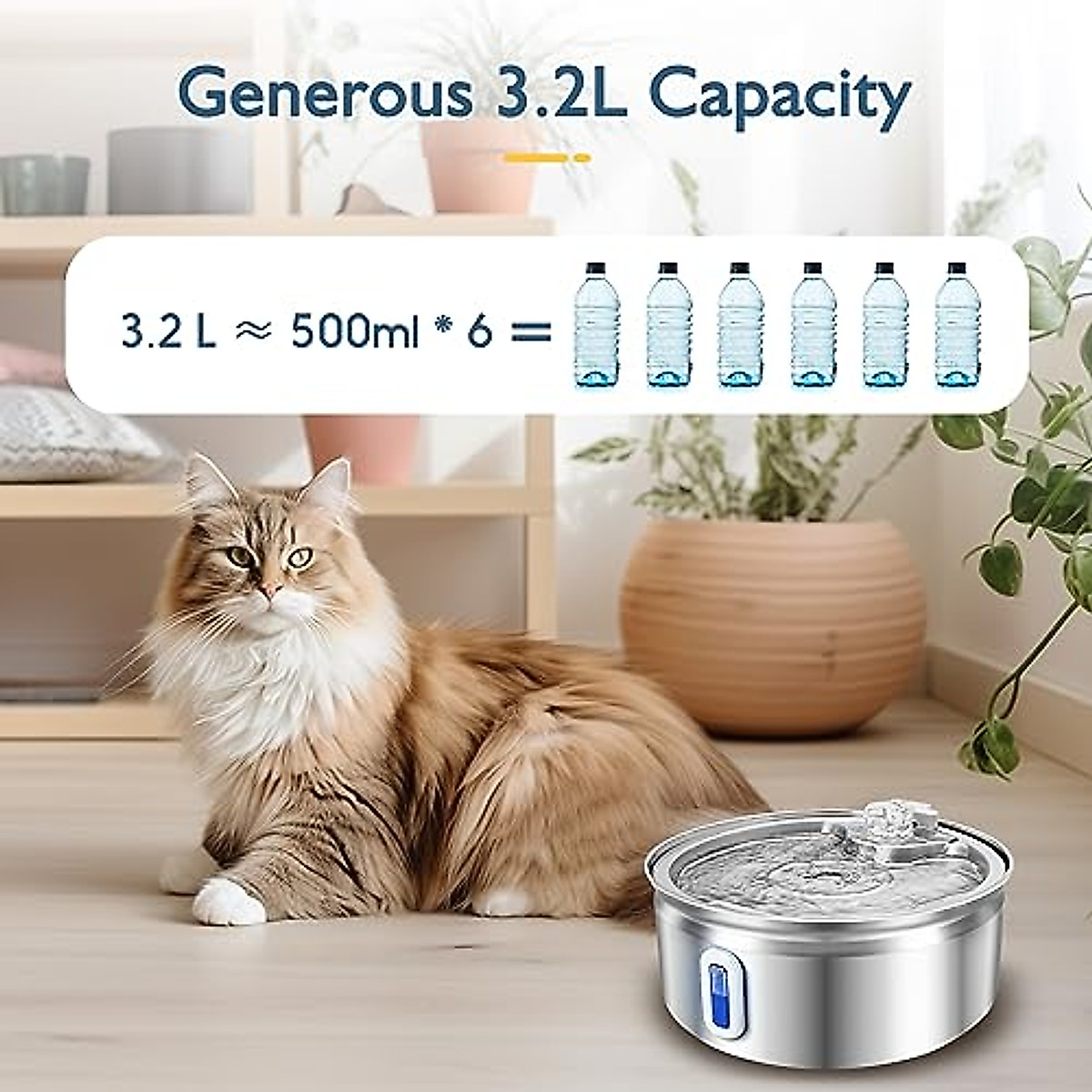 Vekonn Cat Water Fountain Stainless Steel, 0.8gal/108oz Pet Water Fountain with Water Level Indicator and Two-Tier Design, Cat Fountain with Quiet Pump and 3 Filters Ideal for Cats and Dogs
