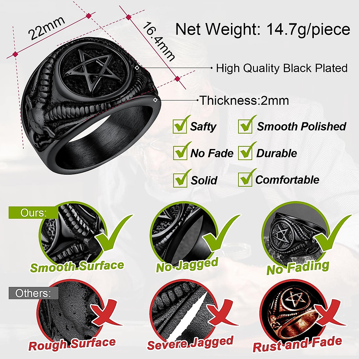 Baphomet Goat Biker Signet Rings Women Black Stainless Steel Satan Inverted Pentacle Pinky Finger Jewelry