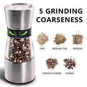 Pepper Grinder, Professional Refillable Pepper Mill with 5 levels Adjustable Coarse Mills, Salt Grinder Stainless Steel Sea Salt &amp; Spice Shakers
