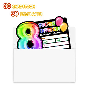 Greatingreat Rainbow Holographic Ballon Invitations with Envelope for 8th Birthday Party Anniversary,Fun Party Invite for Girls Child,Set of 30,4x6 inches