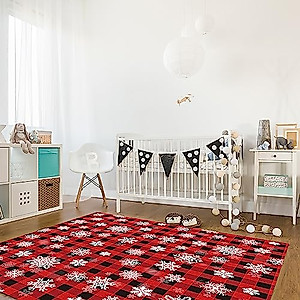 Christmas Snowflake Area Rug, Anti-Slip Rug 2'x3', Stain Proof Rugs for Living Room, Soft Foldable Lightweight Machine Washable Area Rug Comfy Carpet, Merry Xmas Red Black Plaid