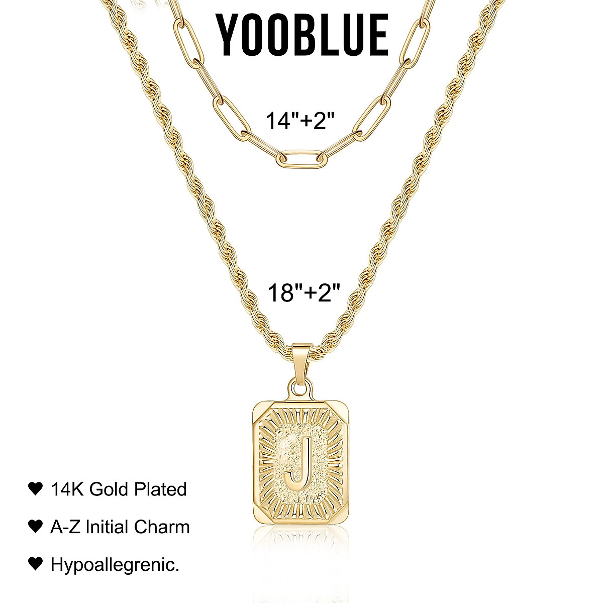 Yooblue Gold Layered Initial Necklaces for Women, Dainty 14K Gold Plated Letter A Initial Square Pendant Necklaces Paperclip Link Rope Chain Layering Necklaces for Women Teen Girl Jewelry Gifts