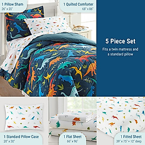 Wildkin 100% Cotton 5 Piece Twin Bed-in-A-Bag for Boys & Girls, Bedding Set Includes Comforter, Flat Sheet, Fitted Sheet, Pillowcase & Sham, Bed Set for Cozy Cuddles (Jurassic Dinosaurs)
