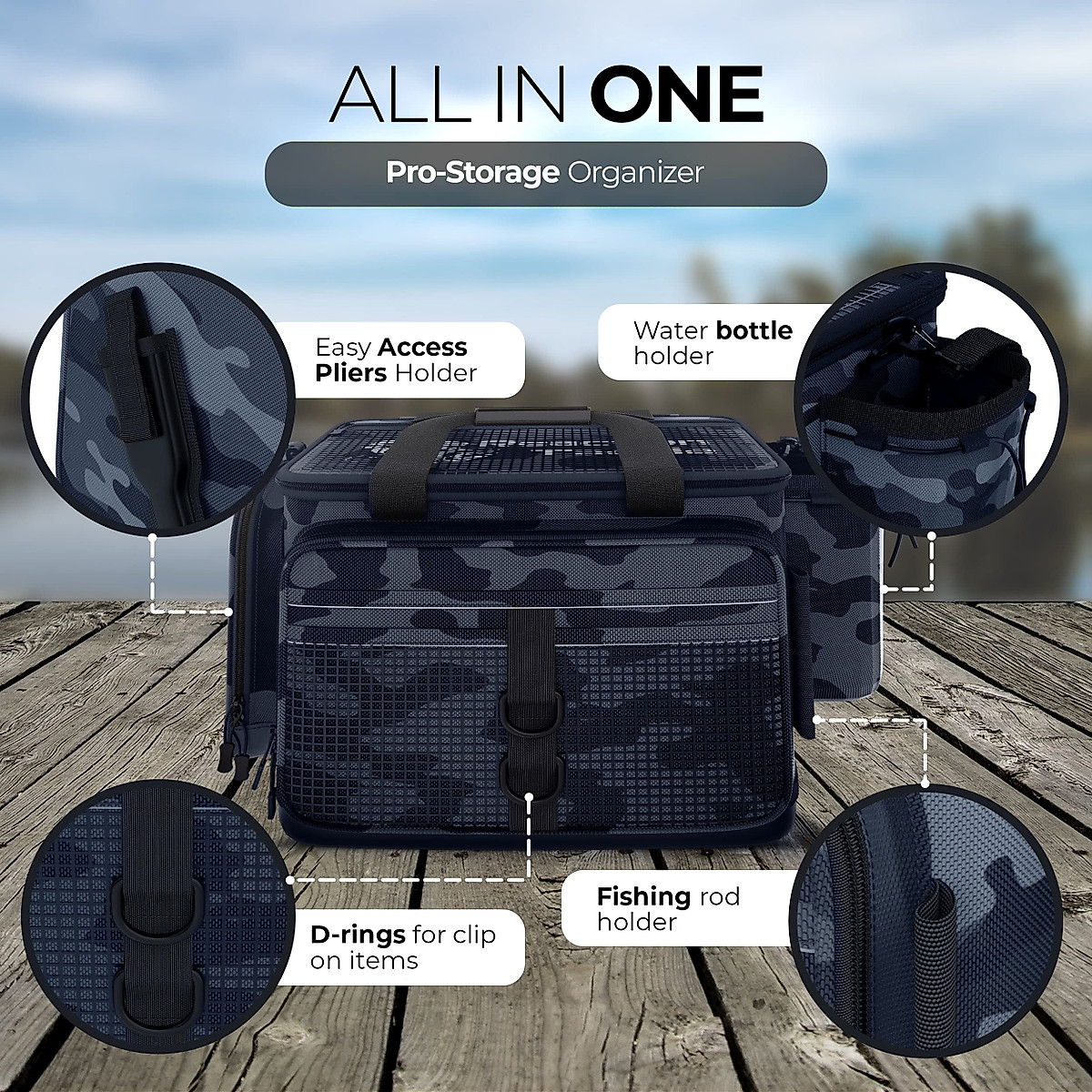 Reaction Tackle Fishing Tackle Bag - Water Resistant Camo Tackle Bag with Padded Shoulder Strap, D Ring Hanger, Suitable for 3600 Tackle Boxes, Compression Molded and Waterproof Non-Slip Bottom