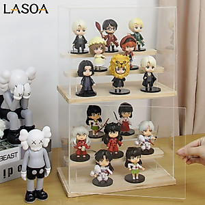 LASOA 4 Tier Acrylic Display Case for Collectibles, Alternative Glass Display Box with Wood Base and Lid, Self-Assembly Clear Shelf Showcase for Figurine Memorabilia (11.8x8.9x11inch; 30x22.5x28cm)