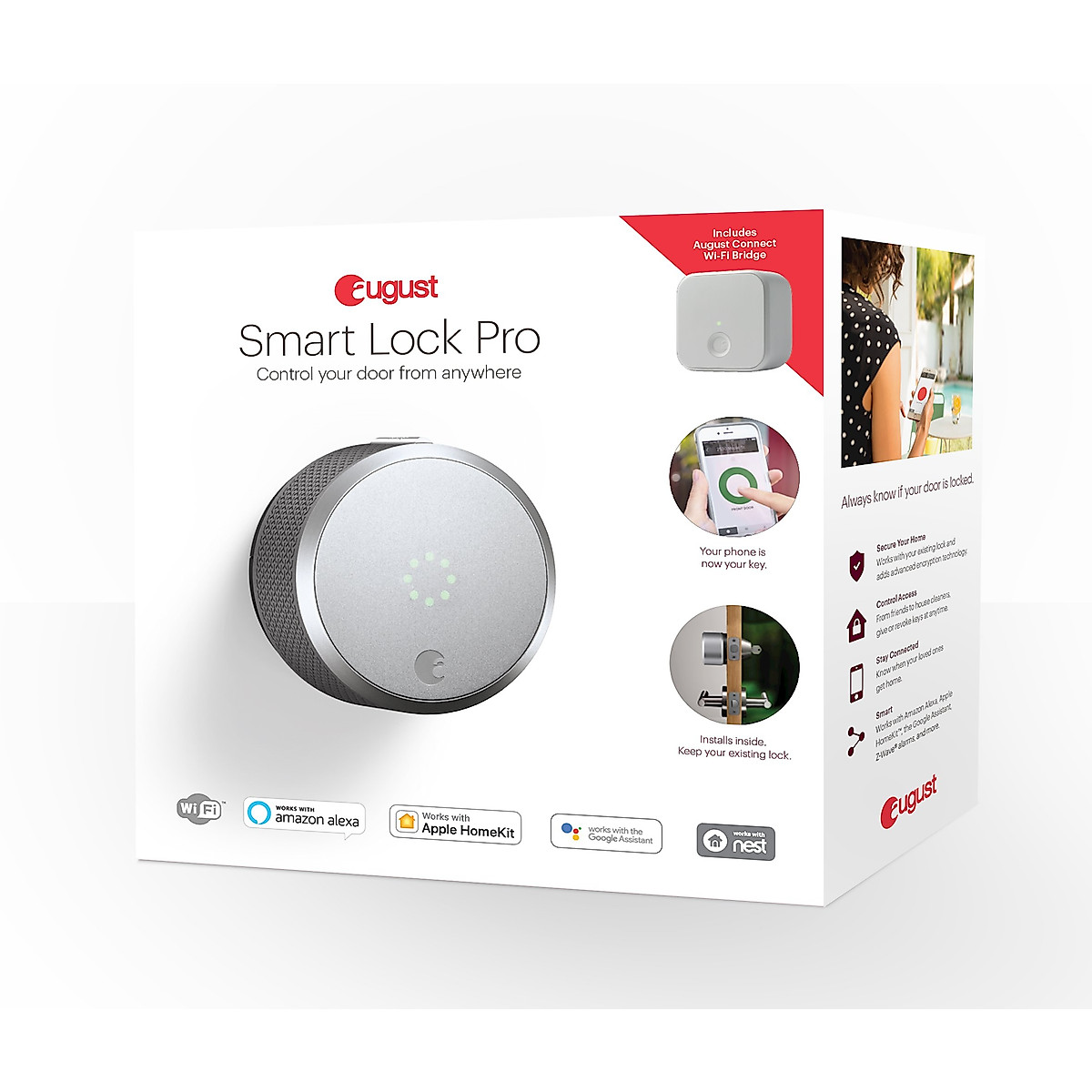 August Smart Lock Pro + Connect Hub - Wi-Fi Smart Lock for Keyless Entry - Works with Alexa, Google Assistant, and more – Silver