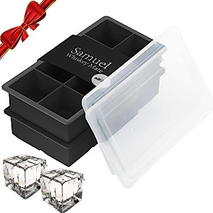 Samuelworld Large Silicone Ice Cube Tray Molds, 2-Pack, Big 2 Inch Cubes - BPA Free, Flexible, 8 Cavity Easy Release Slow Melting Ice for Whiskey, Cocktails, Gifts - Black (With Lids)