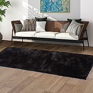 CAROMIO Fluffy Runner Rug Black Faux Fur Area Rug Shaggy Couch Cover Seat Cushion Furry Carpet Beside Rugs Floor Cover for Bedroom Sofa Living Room, Rectangle 2 x 6 Feet