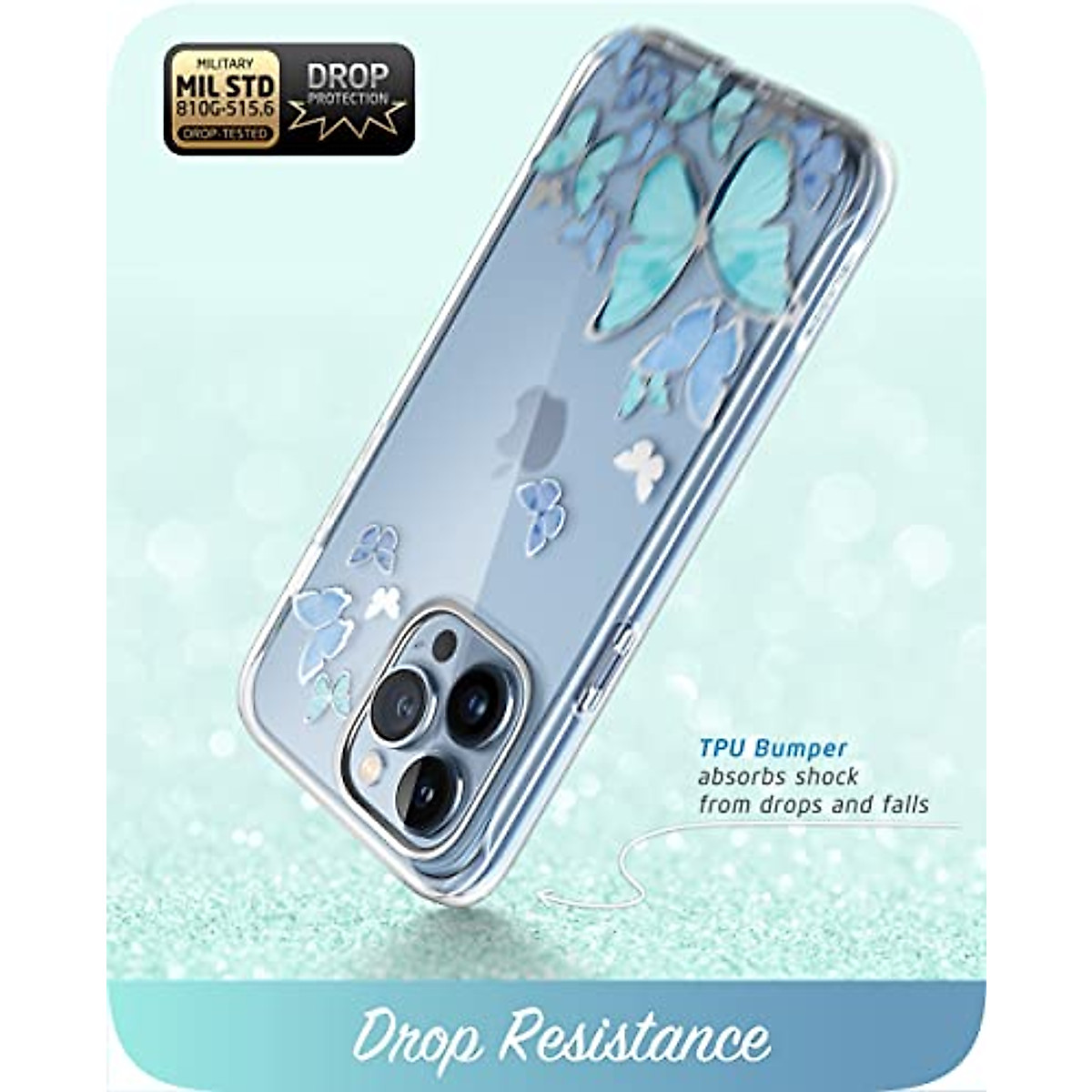 i-Blason Cosmo Series for iPhone 13 Pro Max Case 6.7 inch (2021 Release), Slim Full-Body Stylish Protective Case with Built-in Screen Protector (Blue Butterfly)